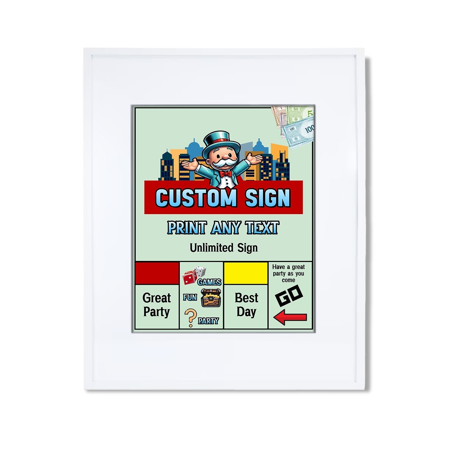 Custom Signs with Monopoly Board Game Theme for Party Decorations ...